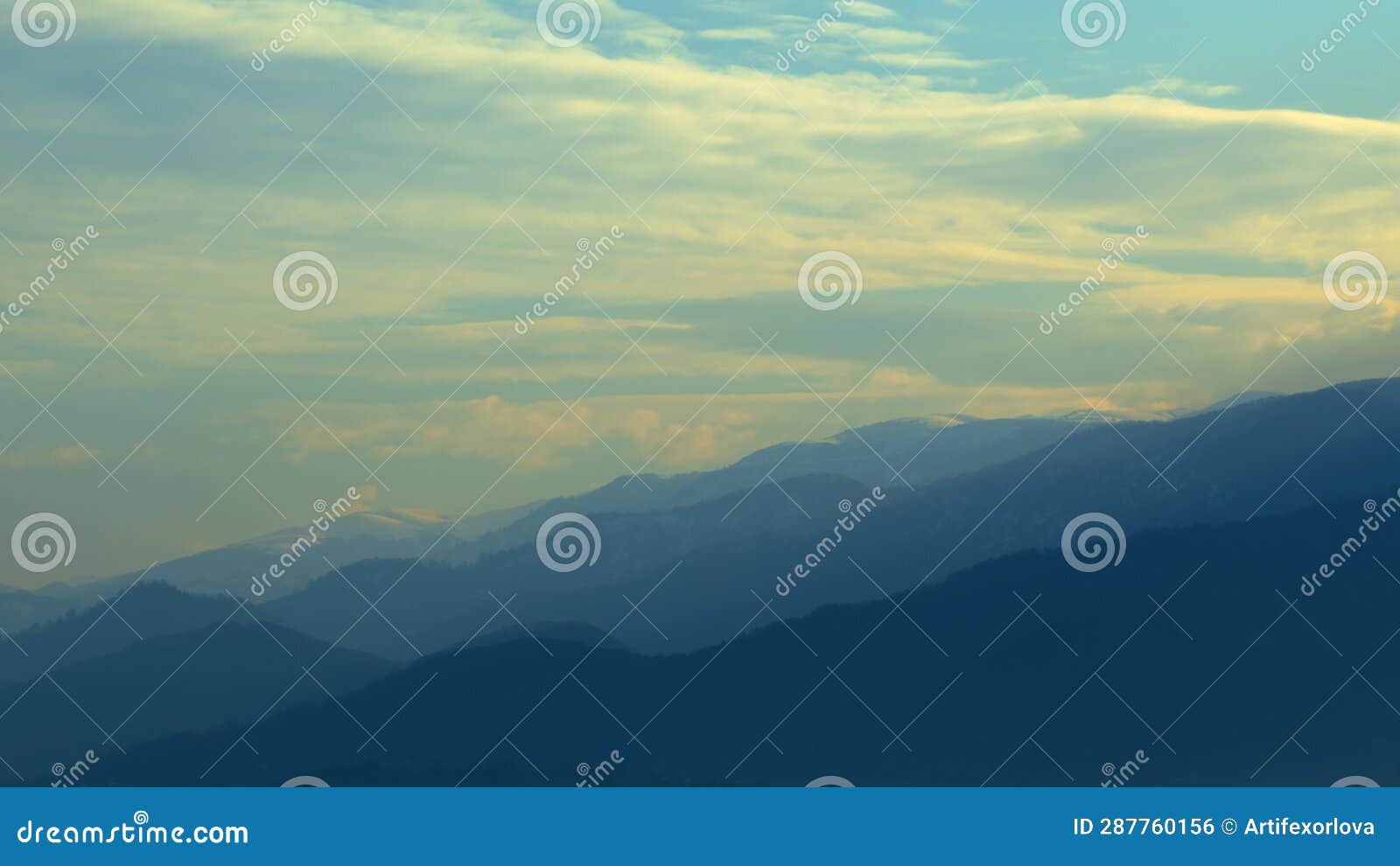 Mountain Top with Sunset. Clouds Float. Blue and Orange Clouds Flow in ...