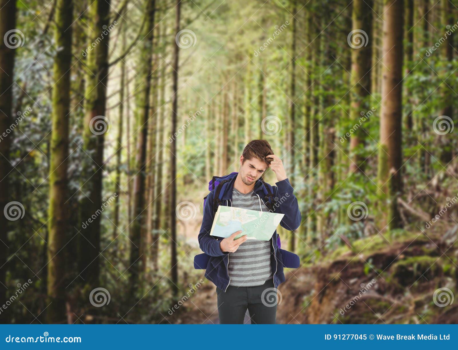 Mountain Travel, Lost Man with the Map in the Forest Stock Image ...