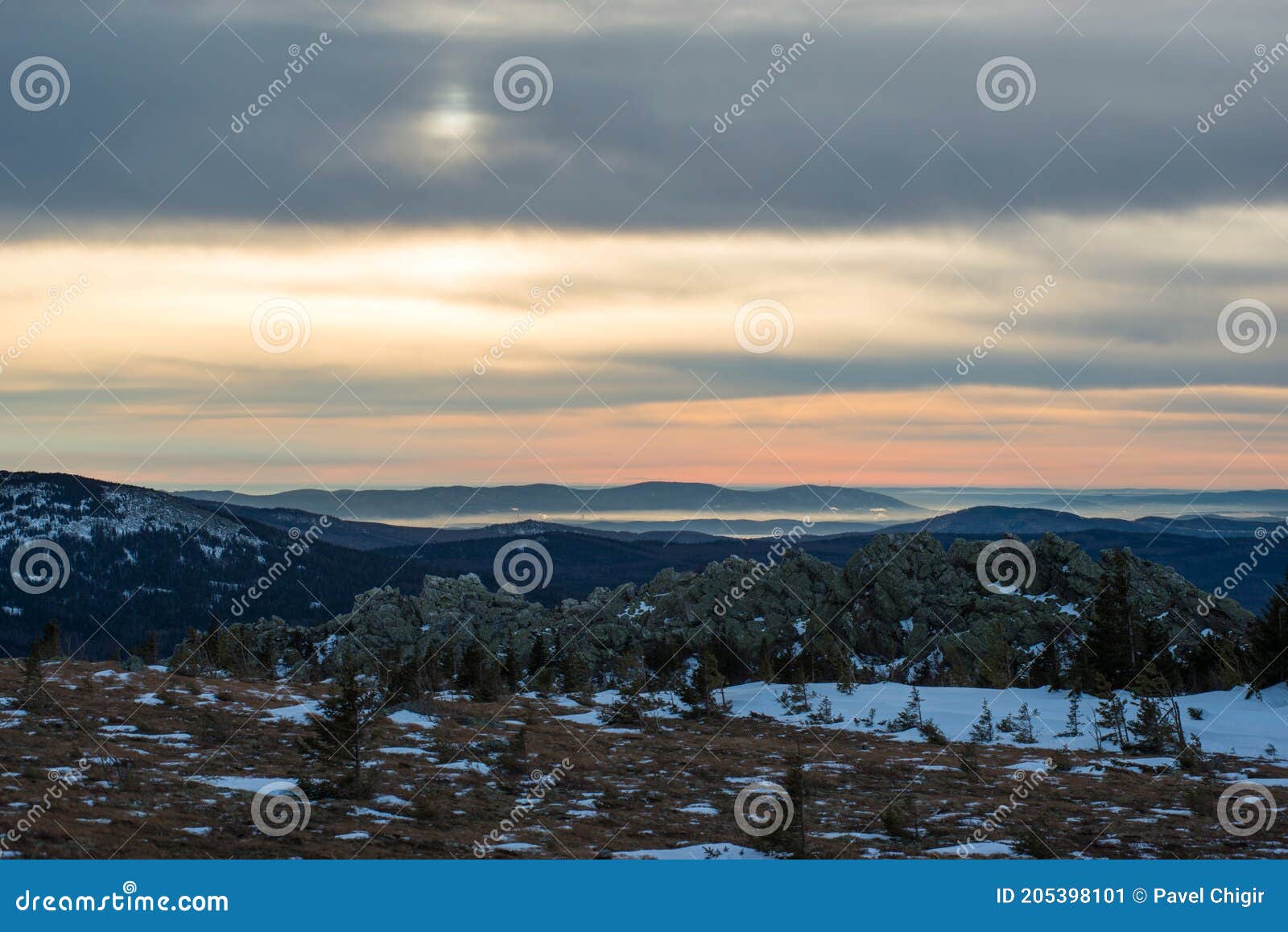 Mountain Tundra with Rare Trees and Rocks in the Sunset Rays Stock ...