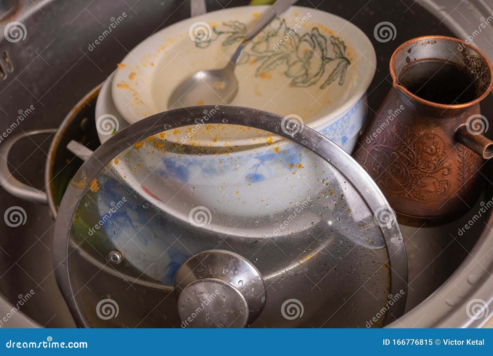 A Mountain of Unwashed Utensils in a Kitchen Sink. Desolation and Mess ...