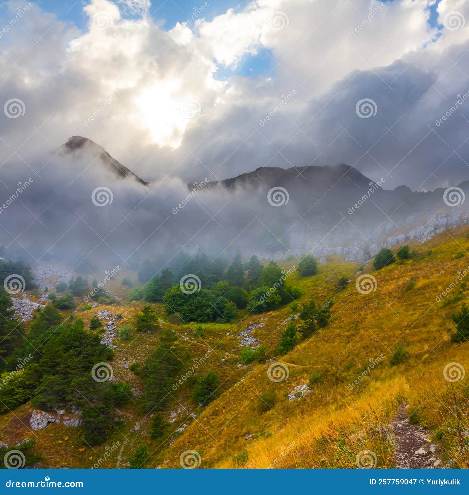 Mountain Valley at in Dense Mist and Clouds Stock Image - Image of ...