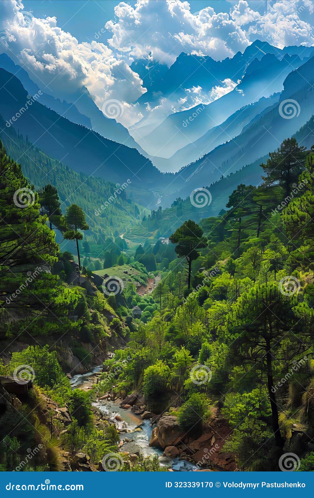 A Mountain Valley with Trees and a Stream Stock Photo - Image of ...