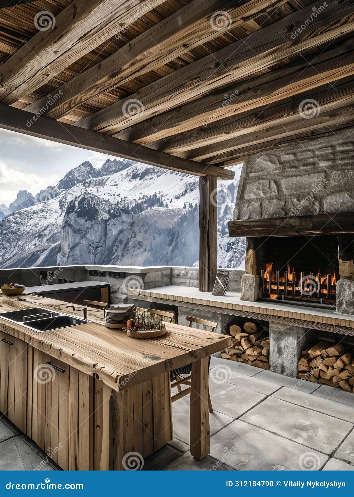 Mountain View Outdoor Kitchen with Fireplace Stock Photo - Image of ...