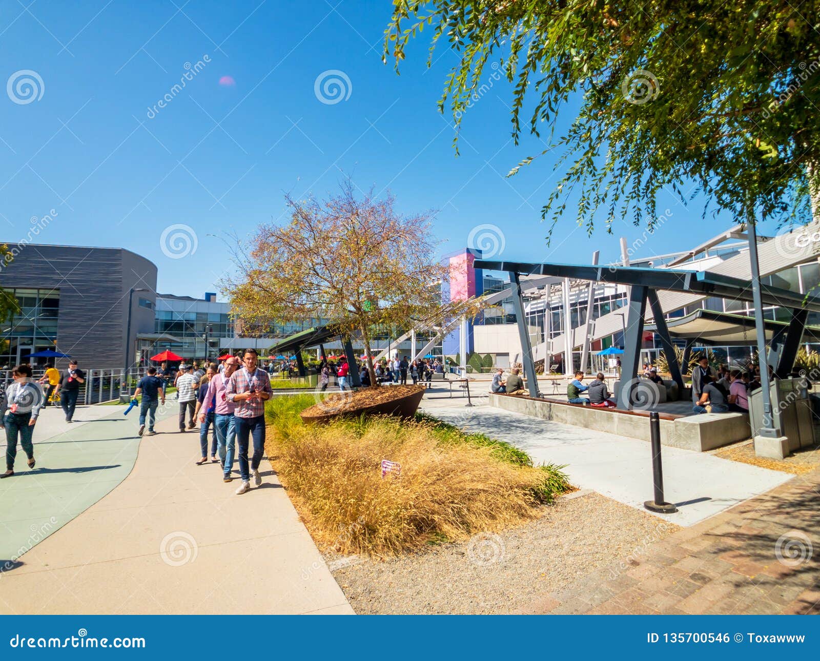 Employees Working Outdoors at Googleplex Headquarters Main Office ...