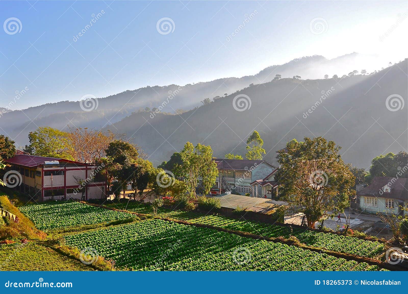 Quiet Mountain Village Sunrise Stock Image - Image of field, mountain ...