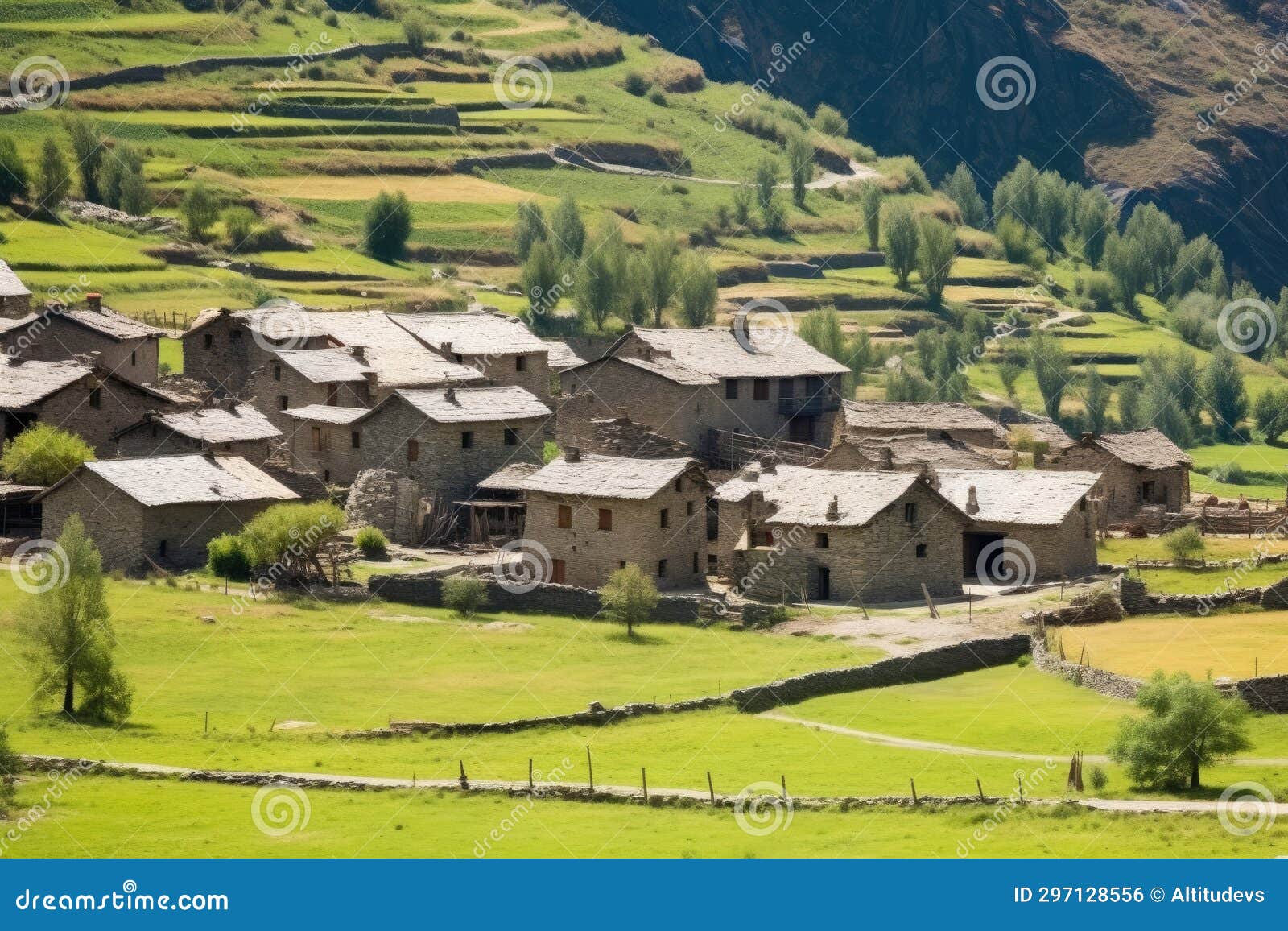 Mountain Village Huts with Straw Rooftops and Stone Walls Stock Photo ...