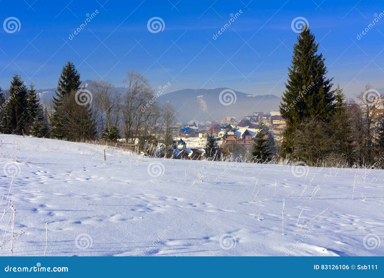 Mountain Village in Snow Gully between the Mountains Stock Photo ...