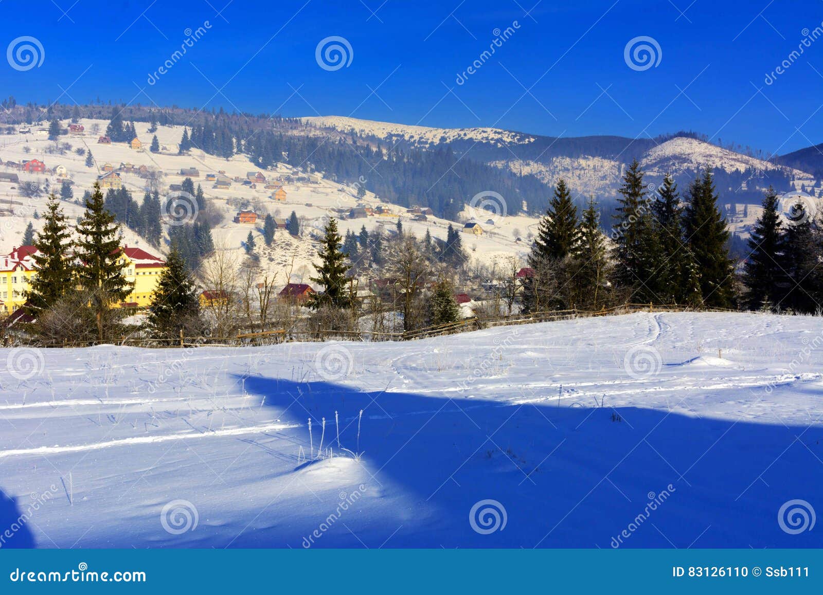Mountain Village in Snow Gully between the Mountains Stock Photo ...