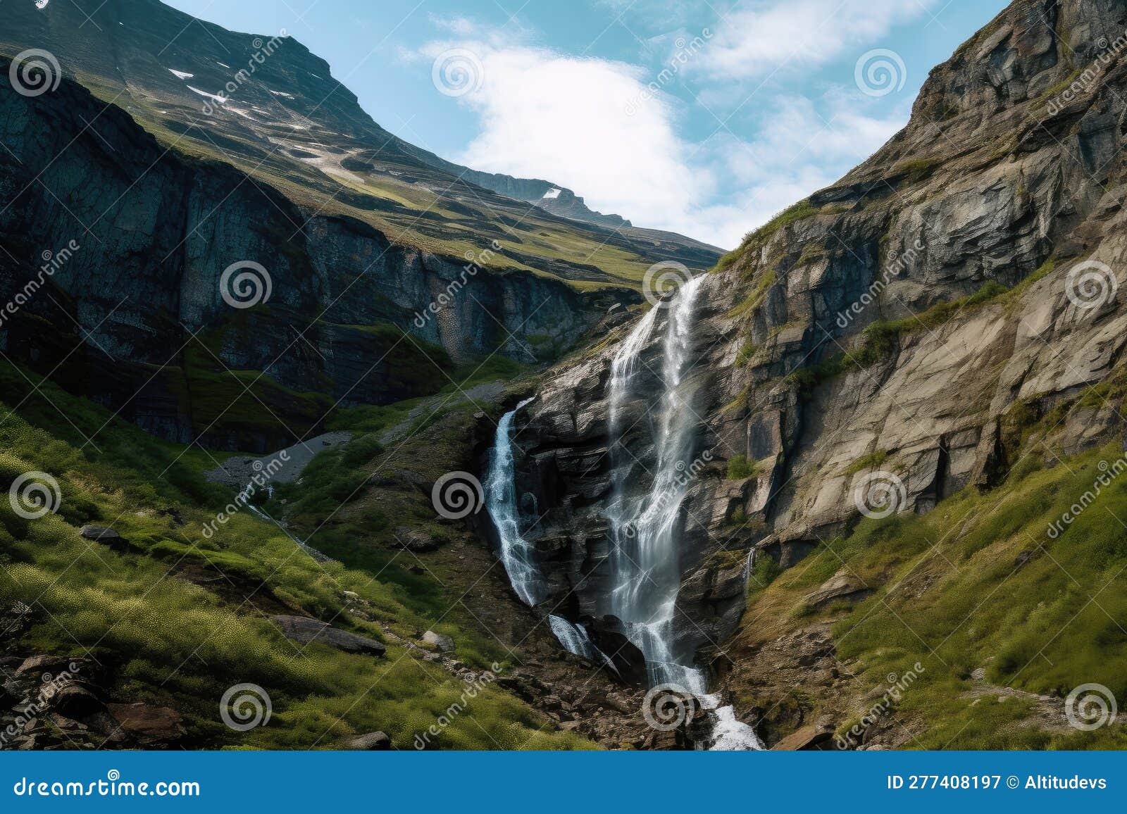 Mountain Vista with a Waterfall, Cascading Down the Side of the ...