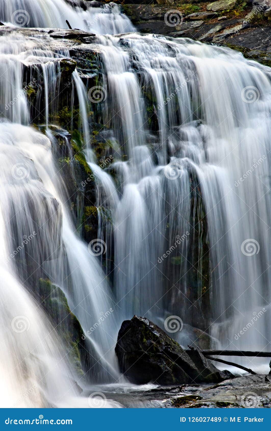 Mountain Waterfall Dropping Over Smooth Moss Rocks. Stock Image - Image ...