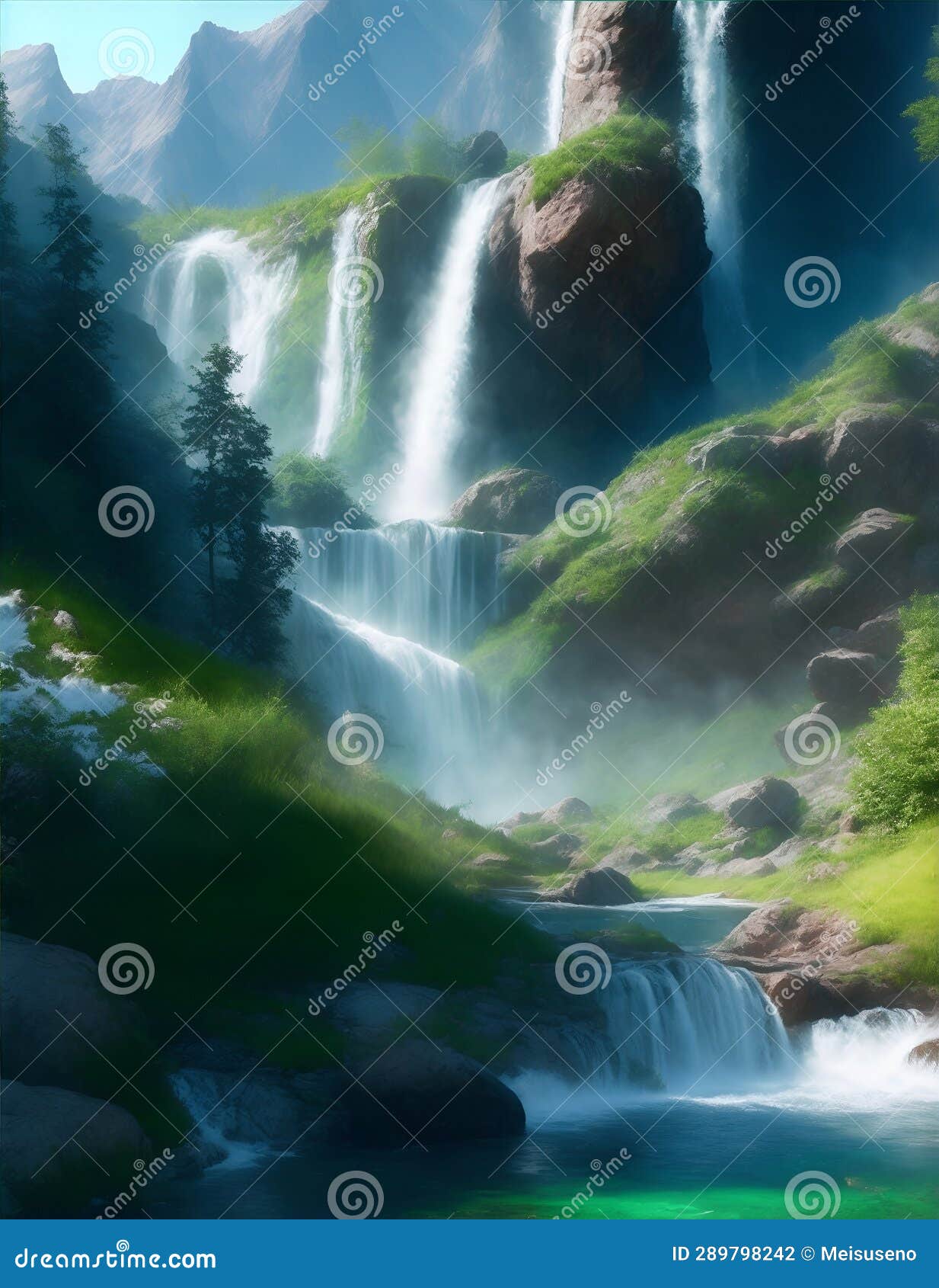 Mountain Waterfall, Mountain Landscape Illustration Stock Illustration ...