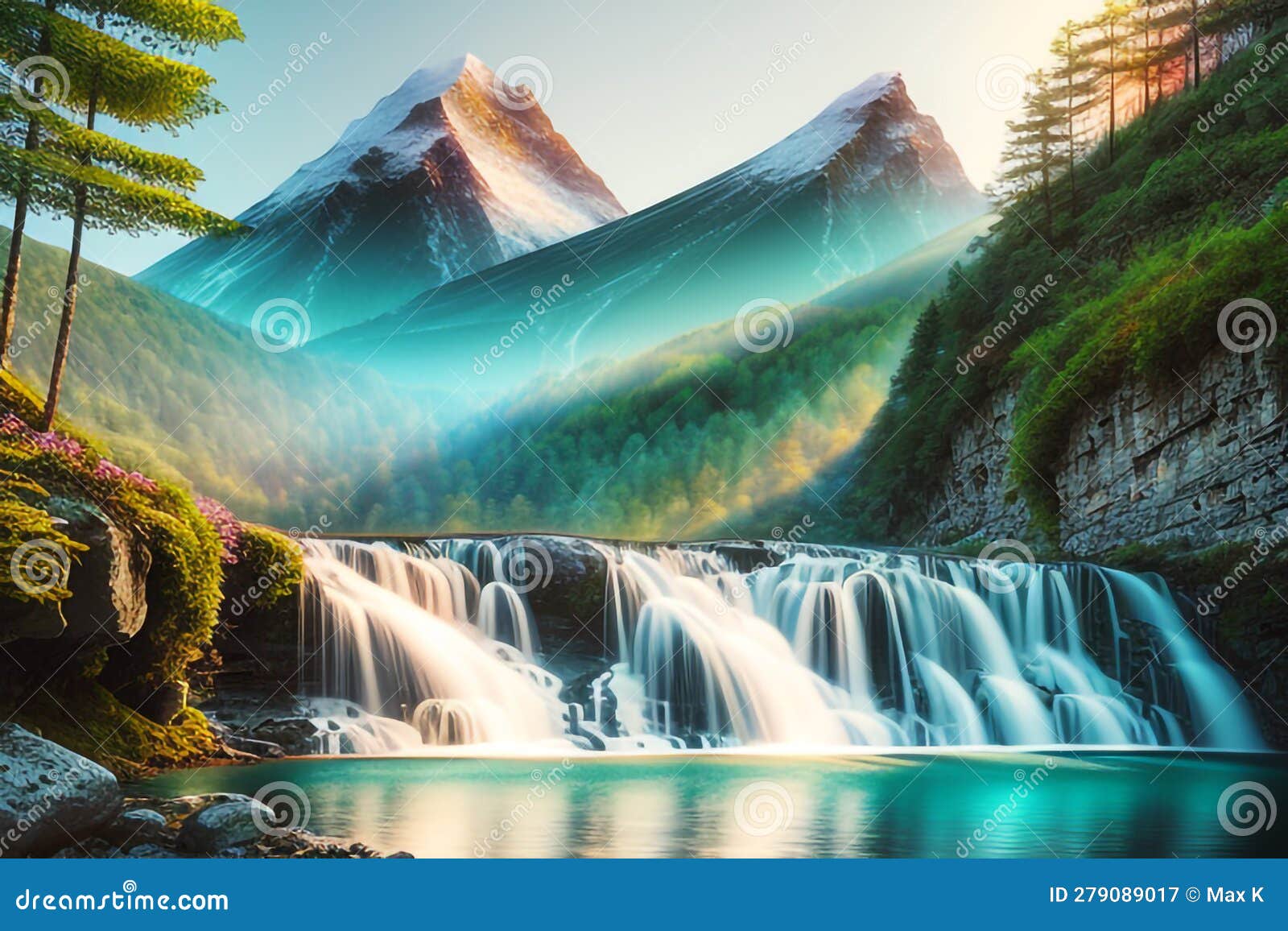 Mountain and Waterfall Landscape 037 Stock Illustration - Illustration ...
