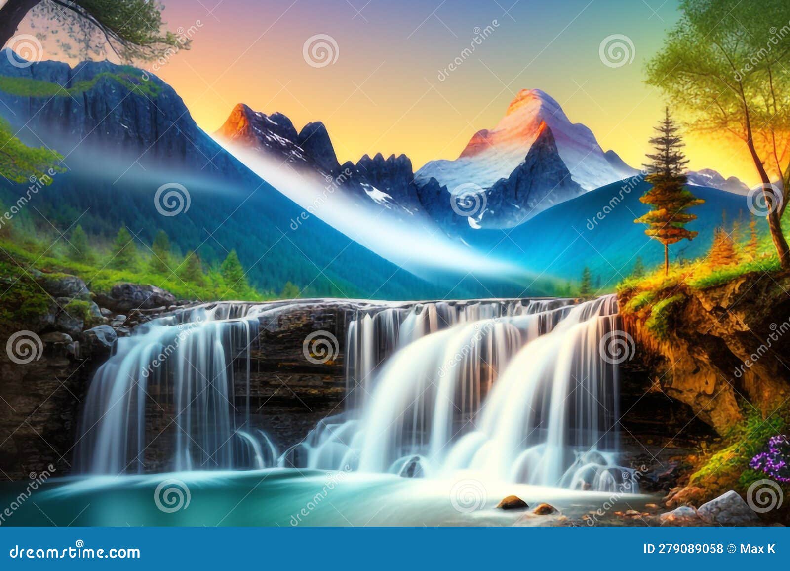 Mountain and Waterfall Landscape 028 Stock Illustration - Illustration ...