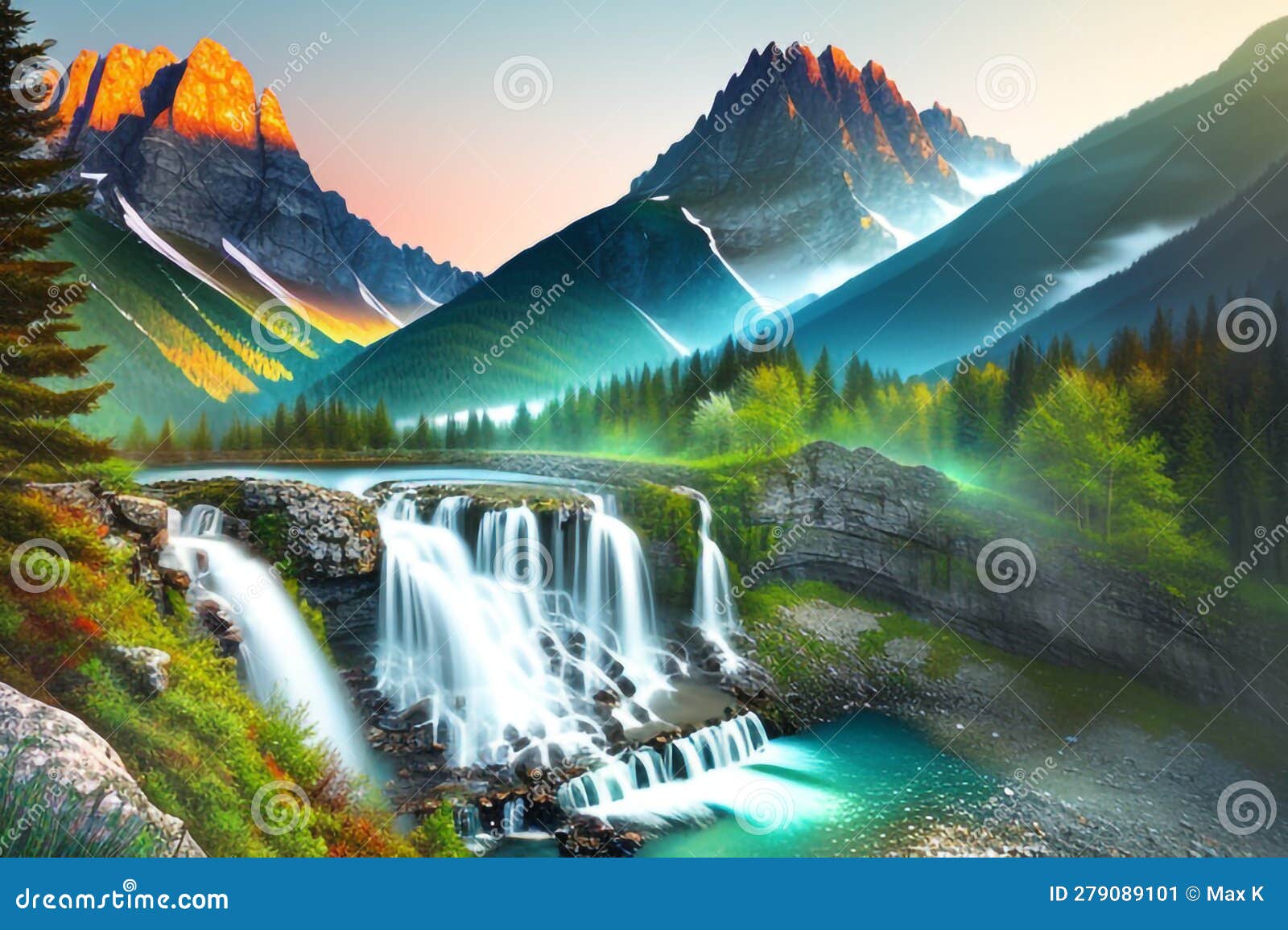Mountain and Waterfall Landscape 016 Stock Illustration - Illustration ...