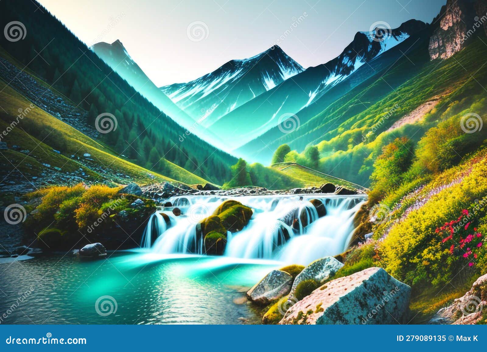 Mountain and Waterfall Landscape 007 Stock Illustration - Illustration ...