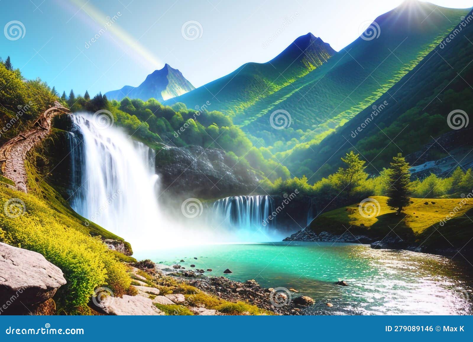 Mountain and Waterfall Landscape 003 Stock Illustration - Illustration ...