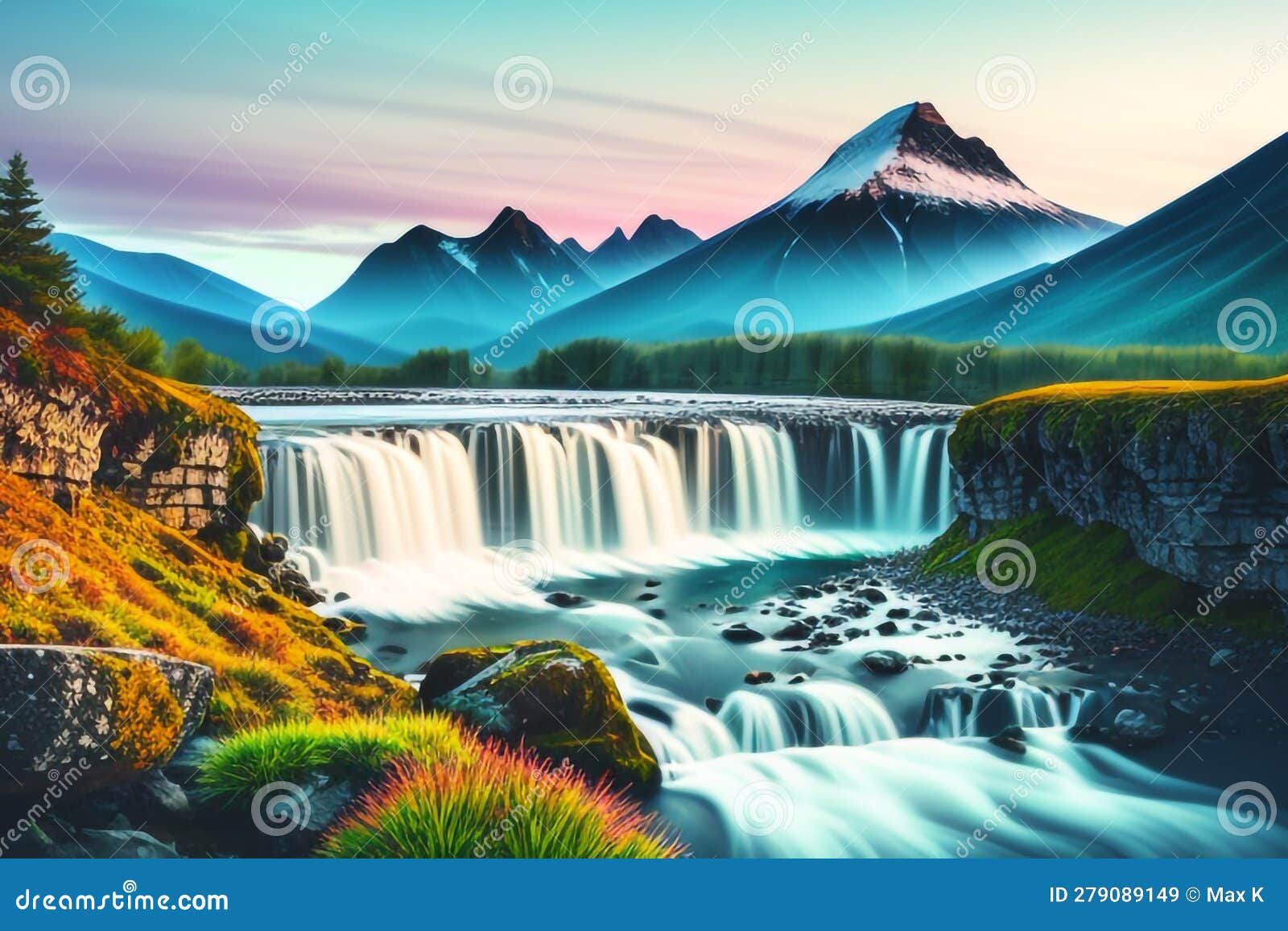 Mountain and Waterfall Landscape 002 Stock Illustration - Illustration ...