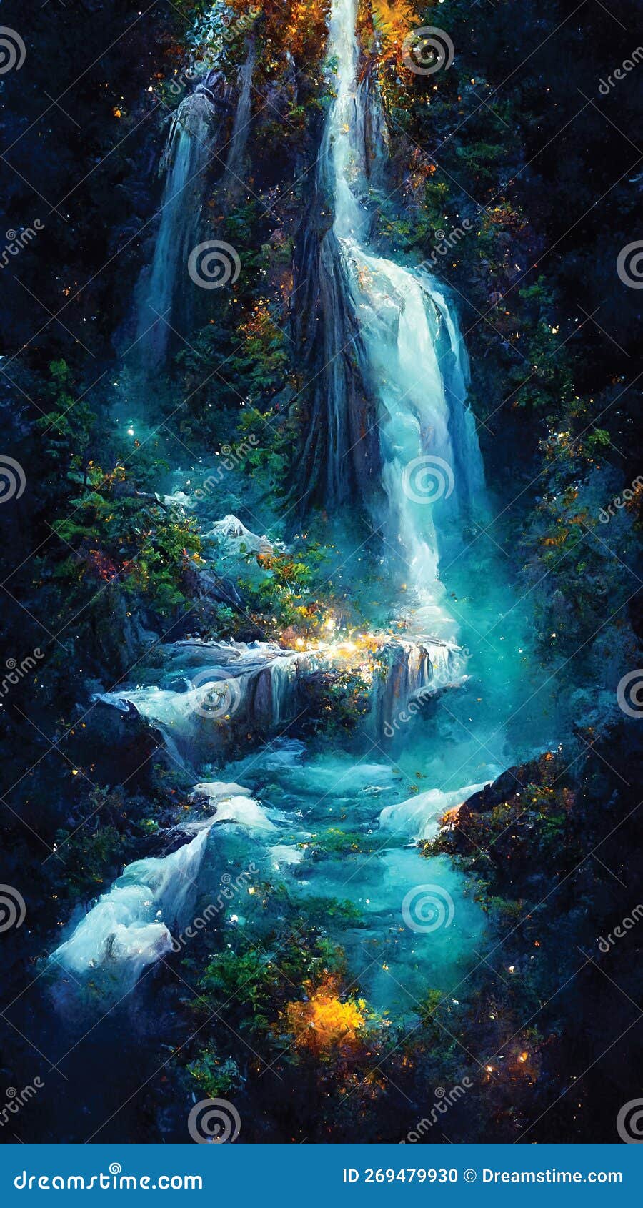 Mountain Waterfall at Night, Dark Blue Digital Art, Vertical Design ...