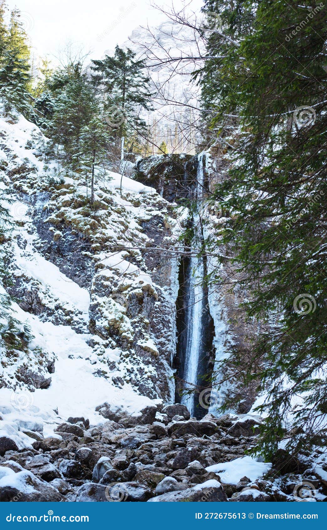 Mountain Waterfall with Rocks and Cliffs Covered with Snow Stock Image ...