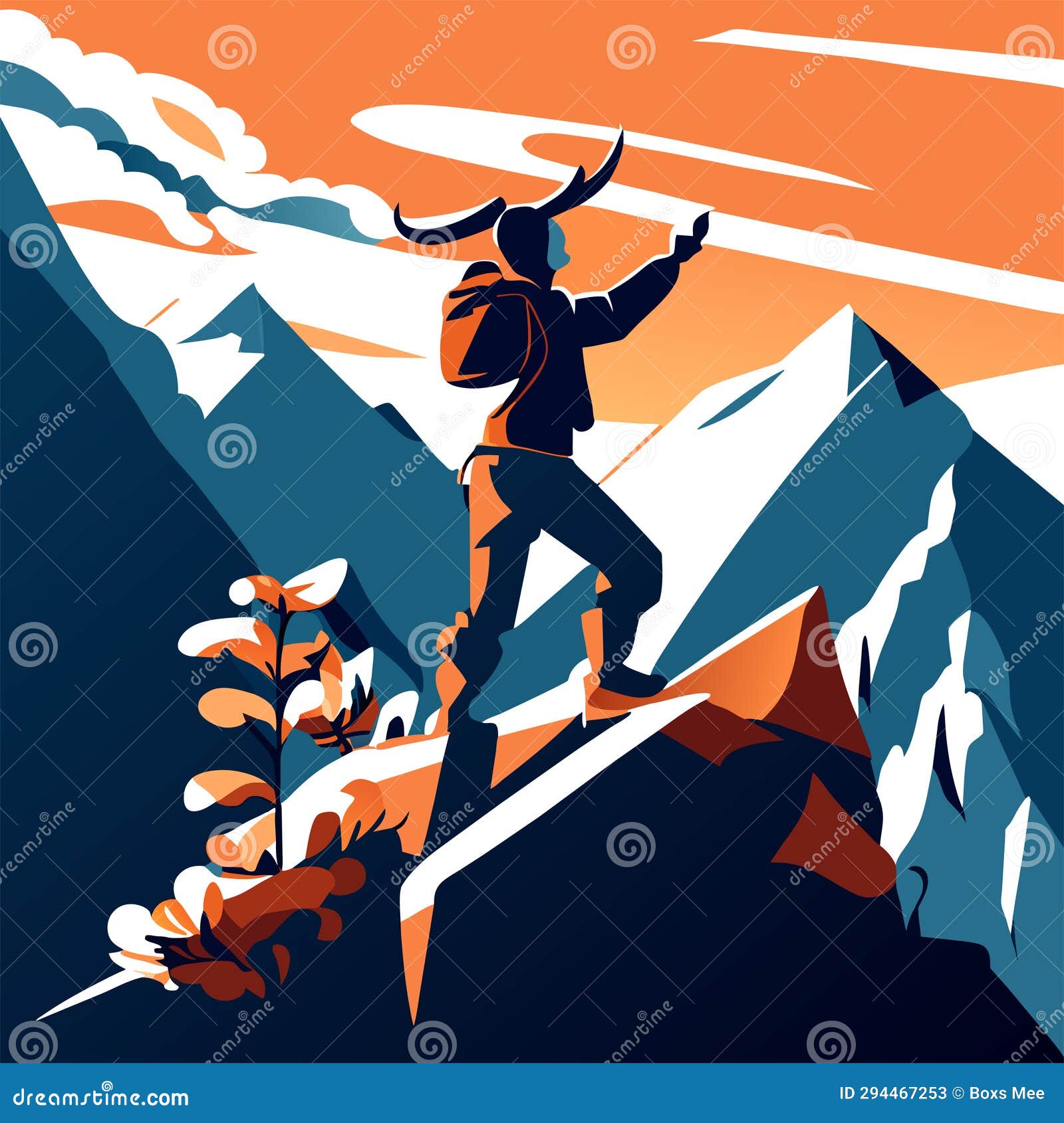 Mountaineer with Backpack Standing on Top of the Mountain. Vector ...