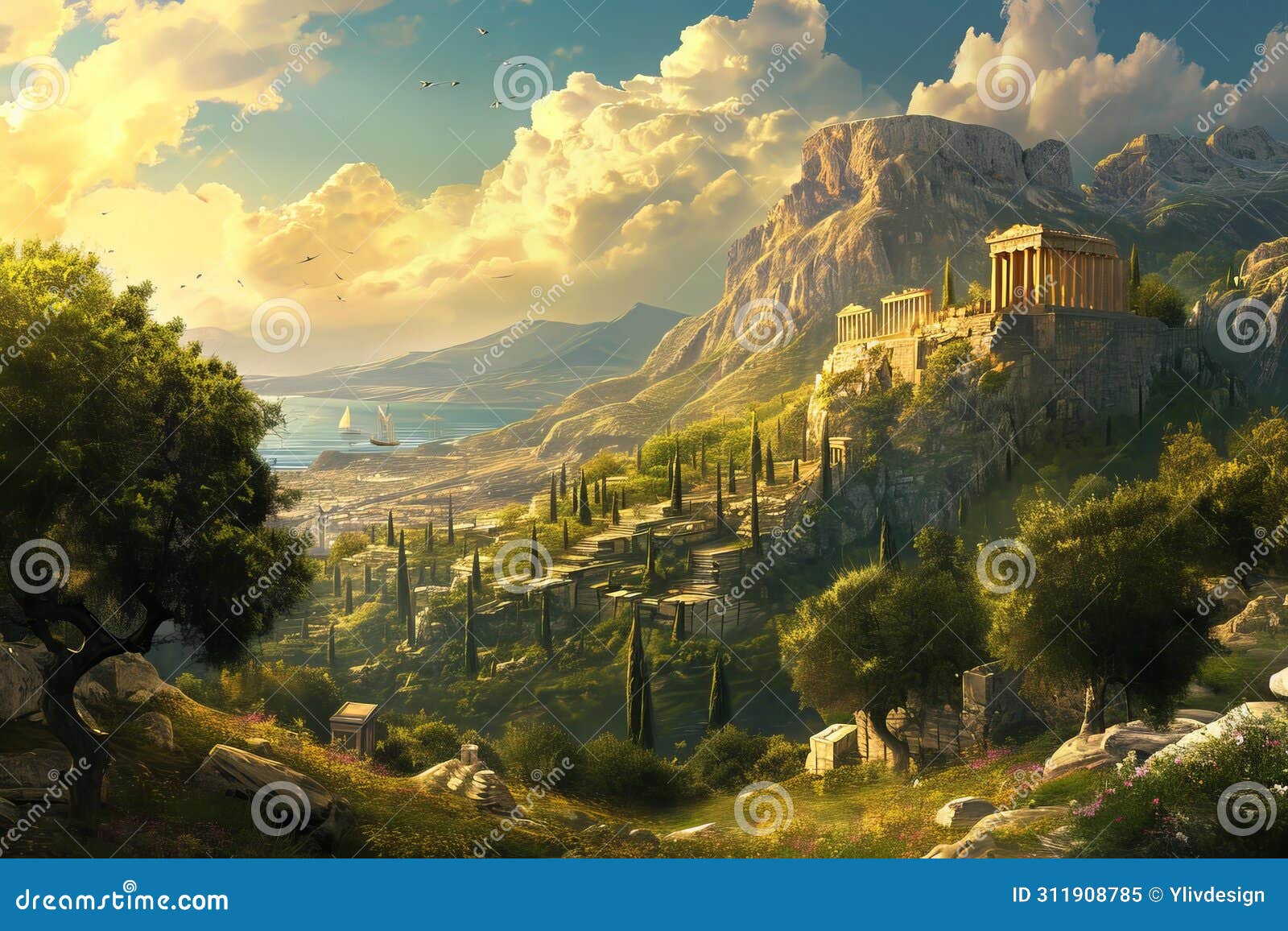 Mountainous Ancient Greece Landscape. Generate Ai Stock Illustration ...