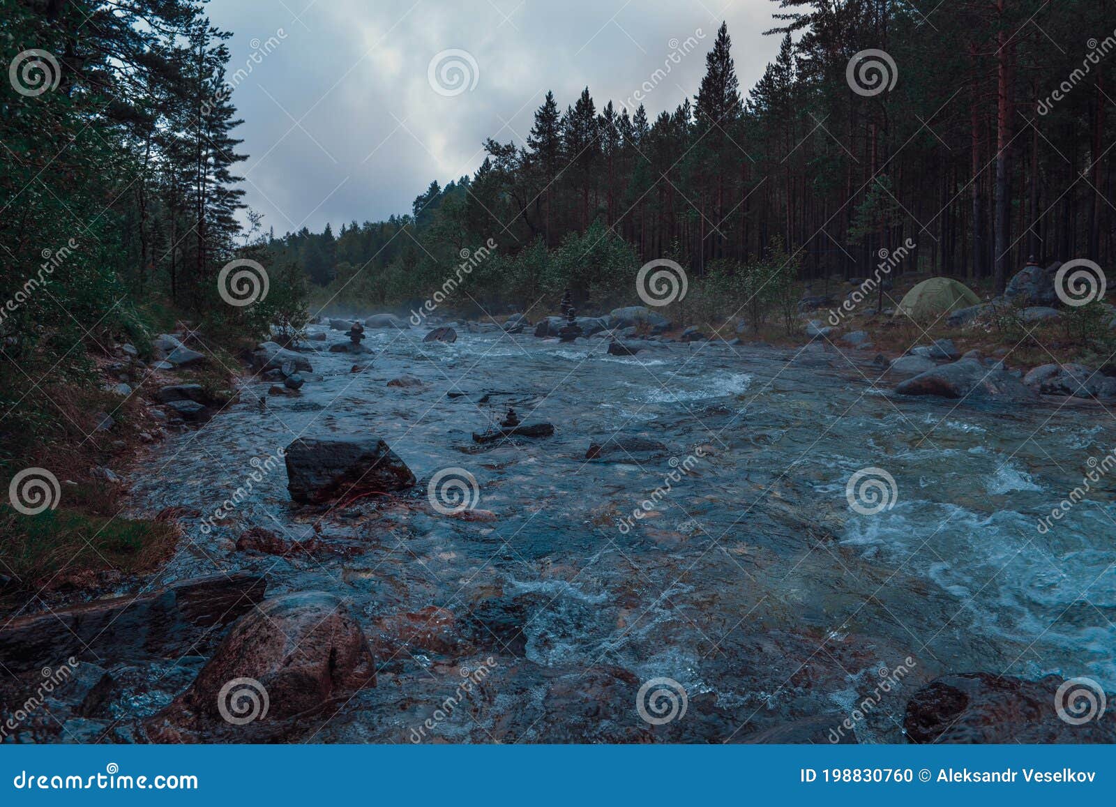 A Mountainous Clean Blue River Flows between Trees Forest and Tents ...