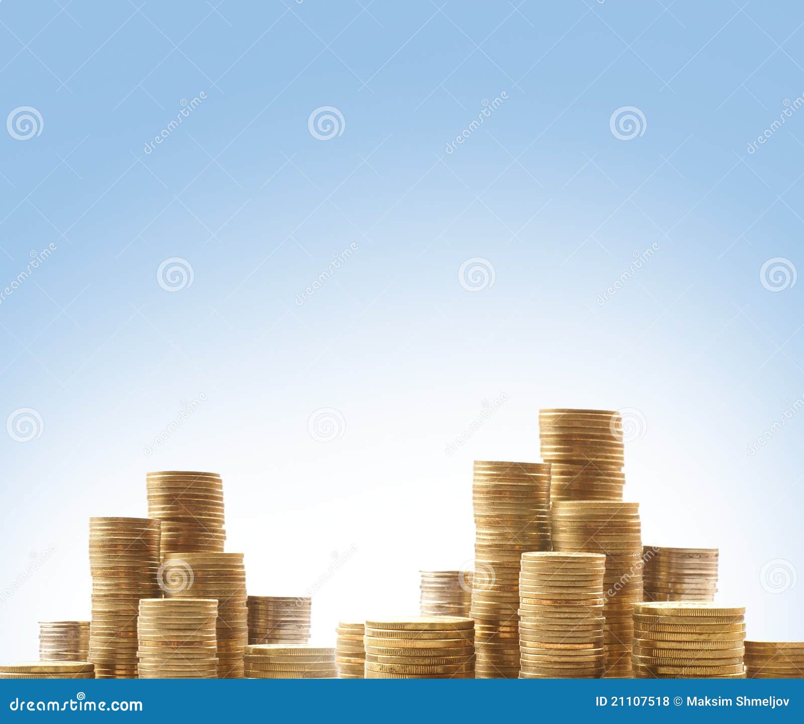 Mountains of Coins on a Light Blue Background Stock Photo - Image of ...