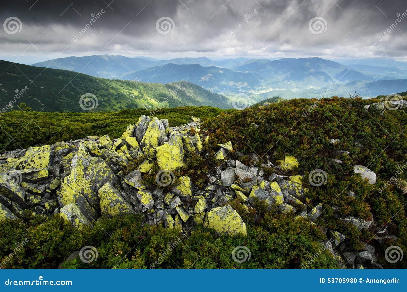 Mountains with mossy rocks stock photo. Image of overcast - 53705980