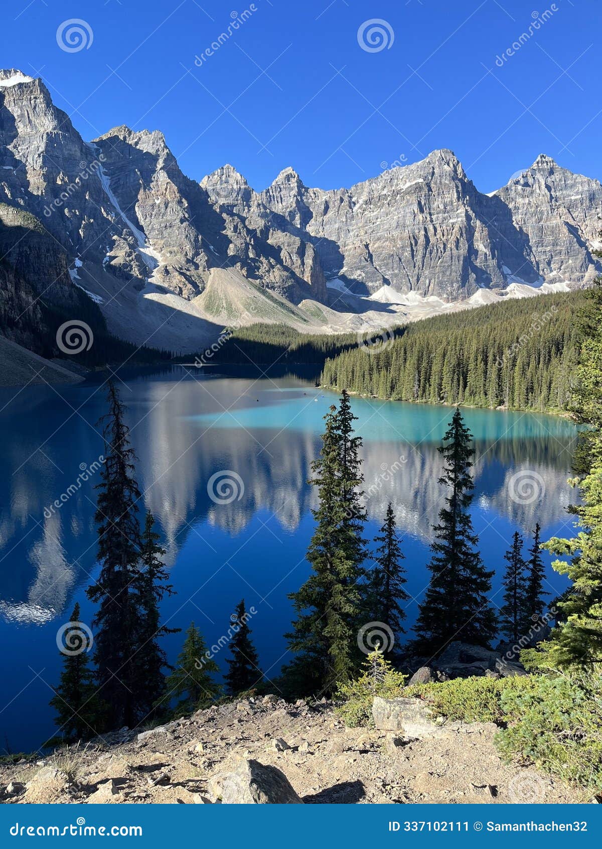 Mountains and Pine Trees Reflected in an Aquamarine Lake in Banff ...