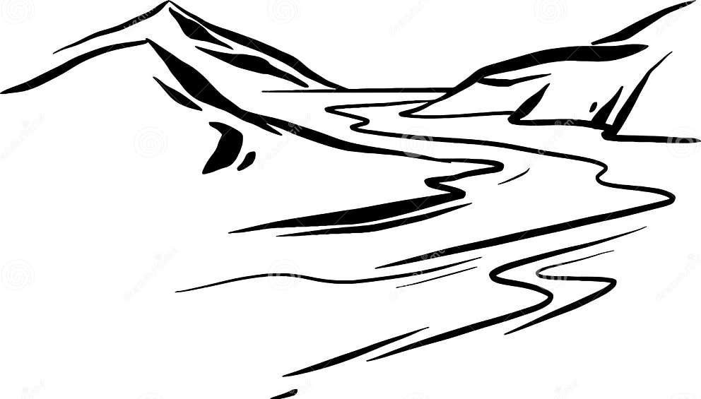 Mountains, River, Hand Draw Line Vector Illustration Stock Vector ...