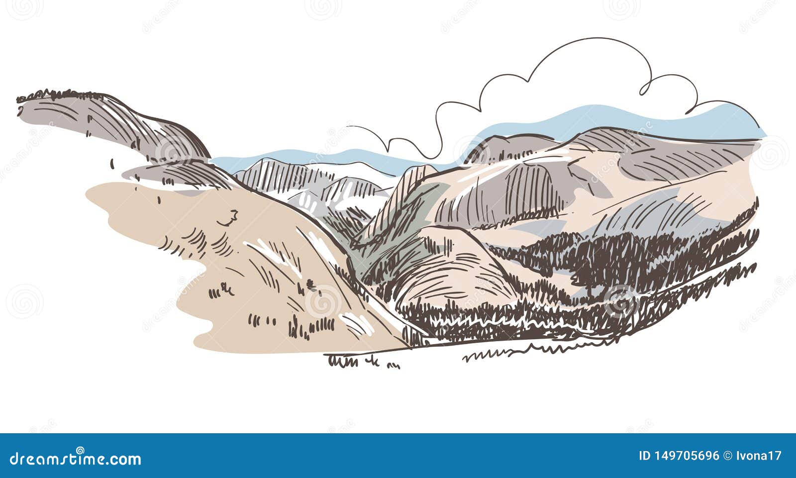 Mountains Rock View Vector Sketch Landscape Line Illustration Skyline ...