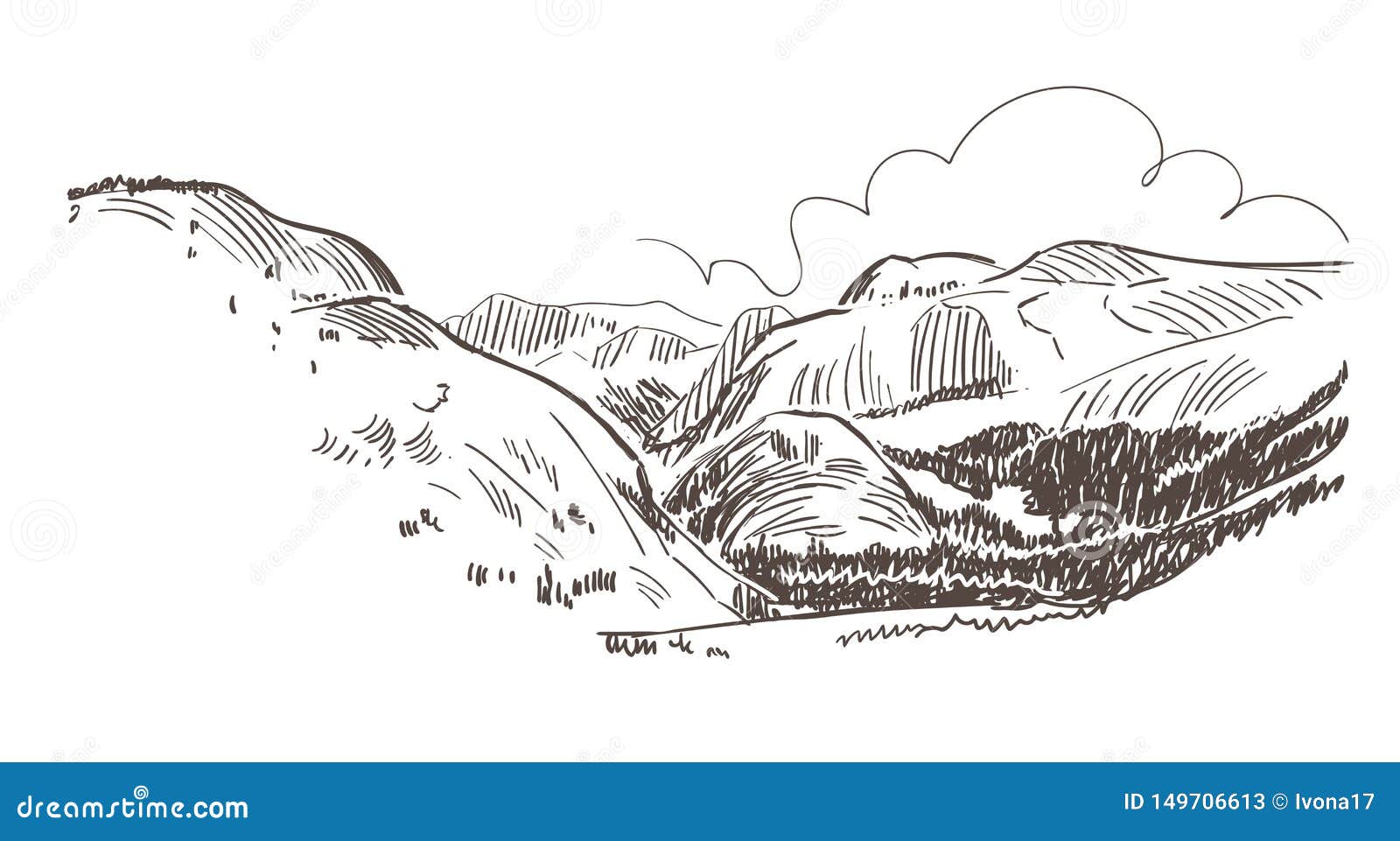 Mountains Rock View Vector Sketch Landscape Line Illustration Skyline ...