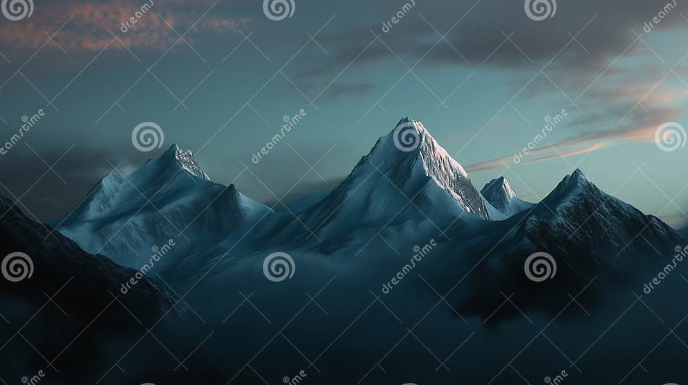 Mountains with Sharp Peaks in Snow between Fluffy Clouds at Sunset ...
