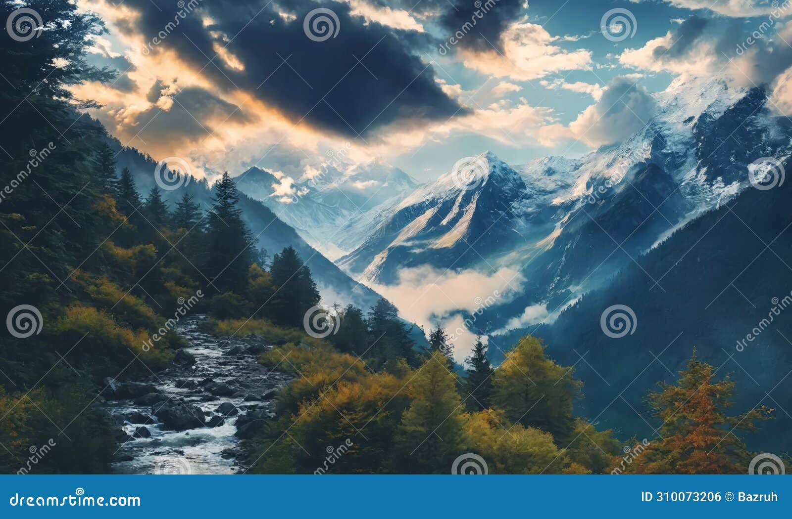 Mountains with Snow Capped Peaks, Beautiful Clouds and a River with ...