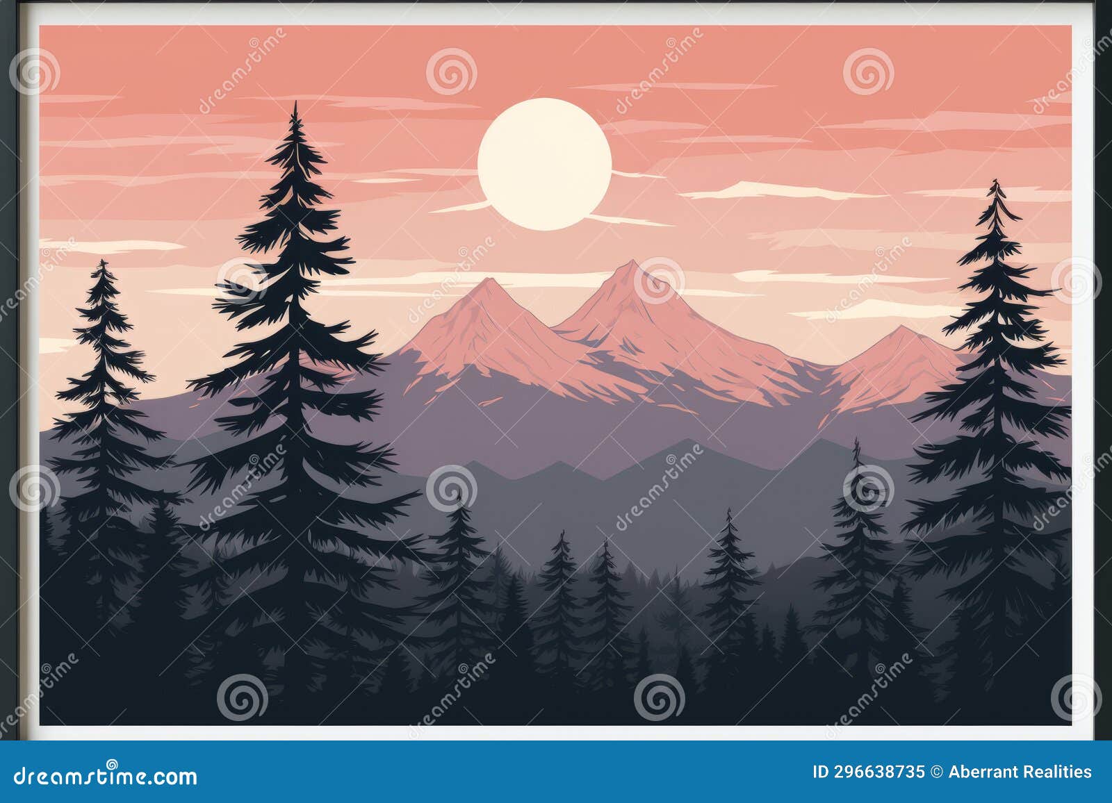 Mountains at Sunset with Pine Trees in the Foreground Stock Illustration - Illustration of pine ...