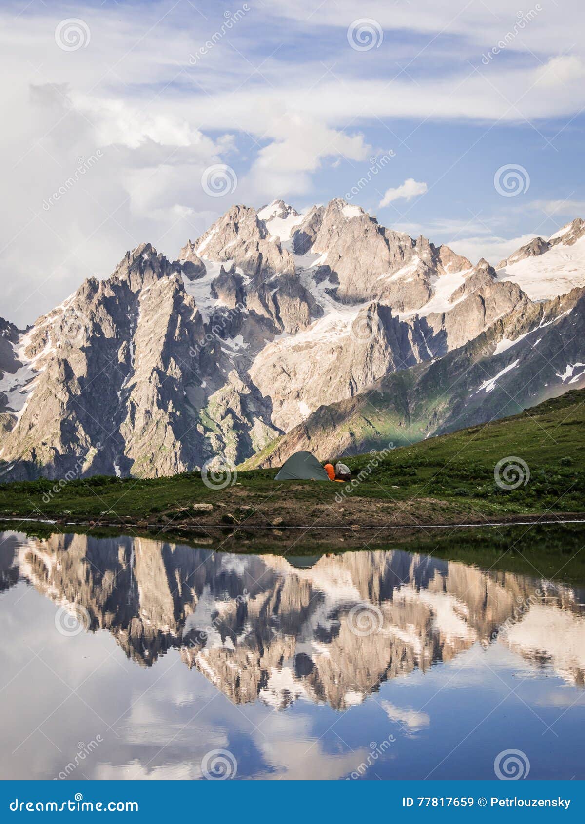 Mountains and Tent Reflecting in Lake Stock Image - Image of romantic ...