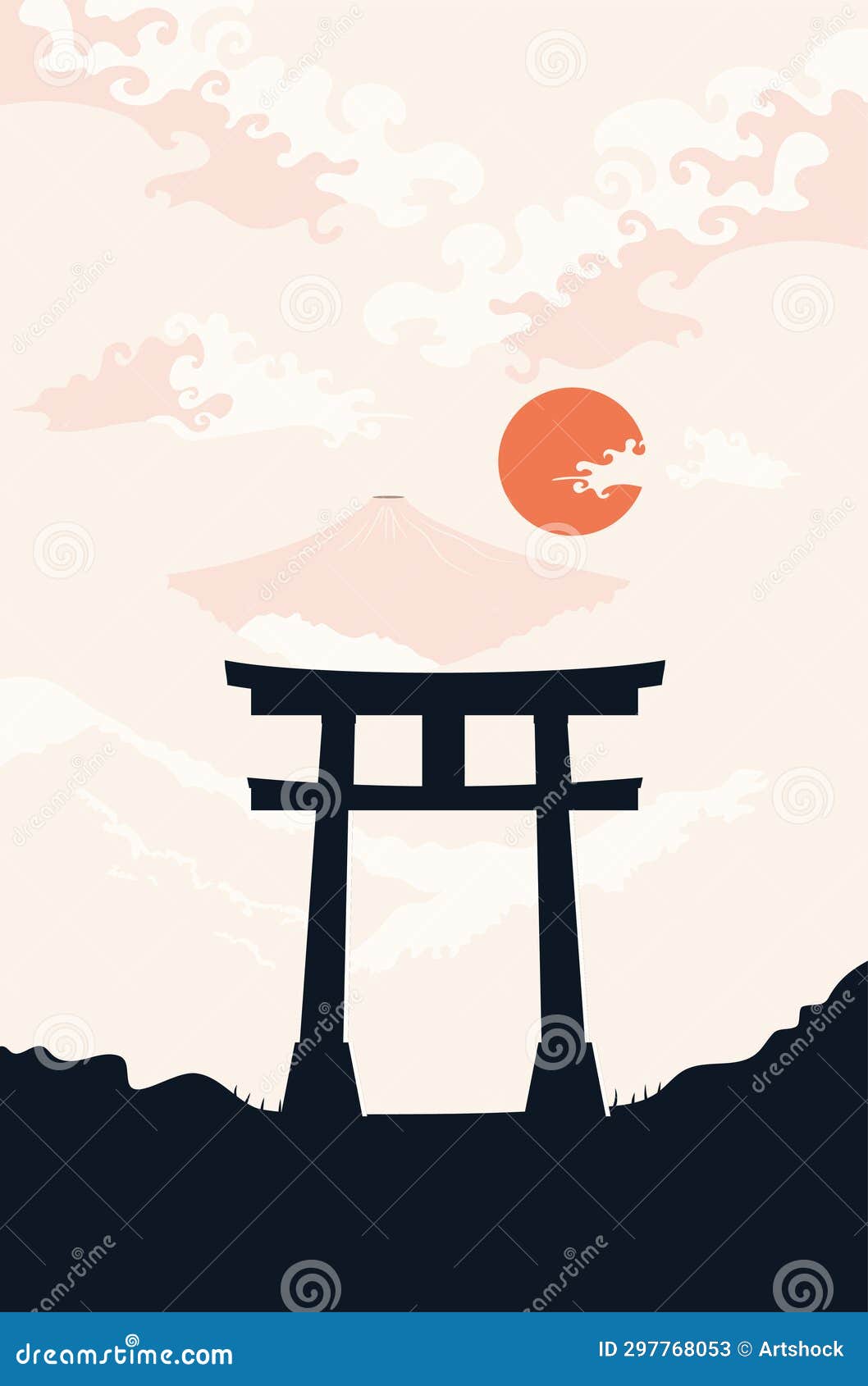 Mountains and Torii Gate Minimalism Stock Illustration - Illustration ...