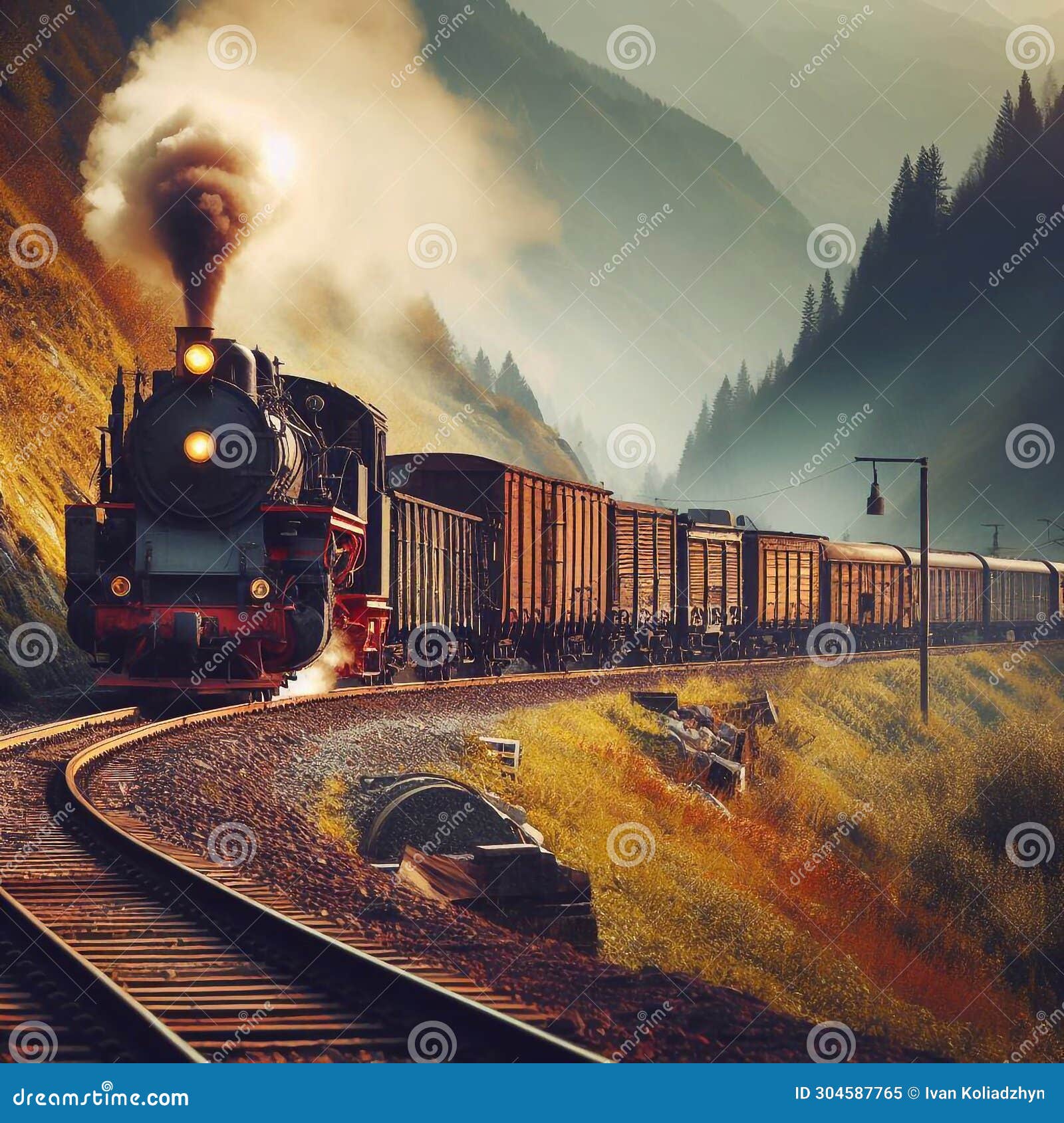 A Train Under Steam Traction. AI Generated Stock Illustration ...