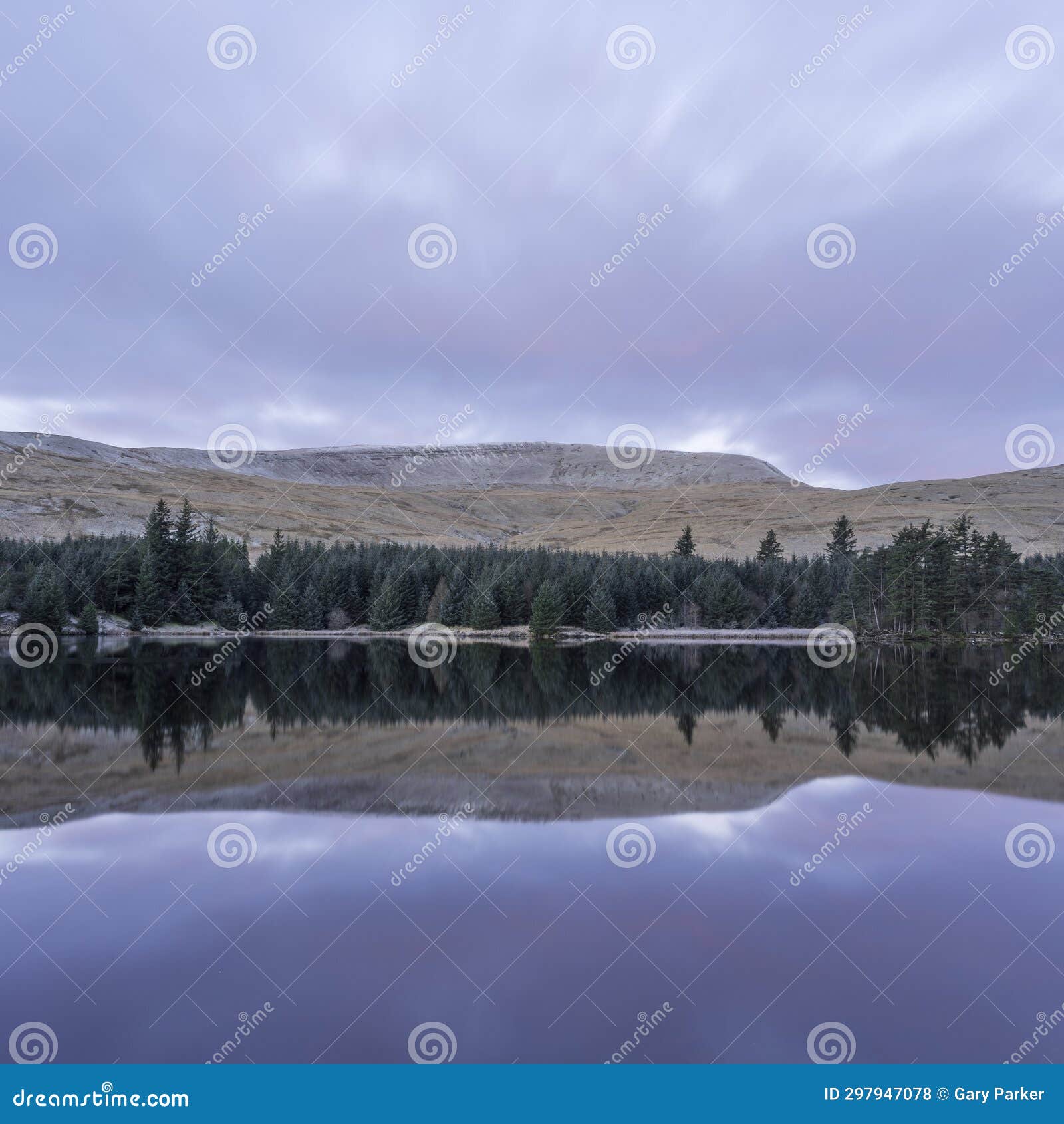 Mountains and Treeline, Reflected in the Calm Waters of a Mountain Lake ...