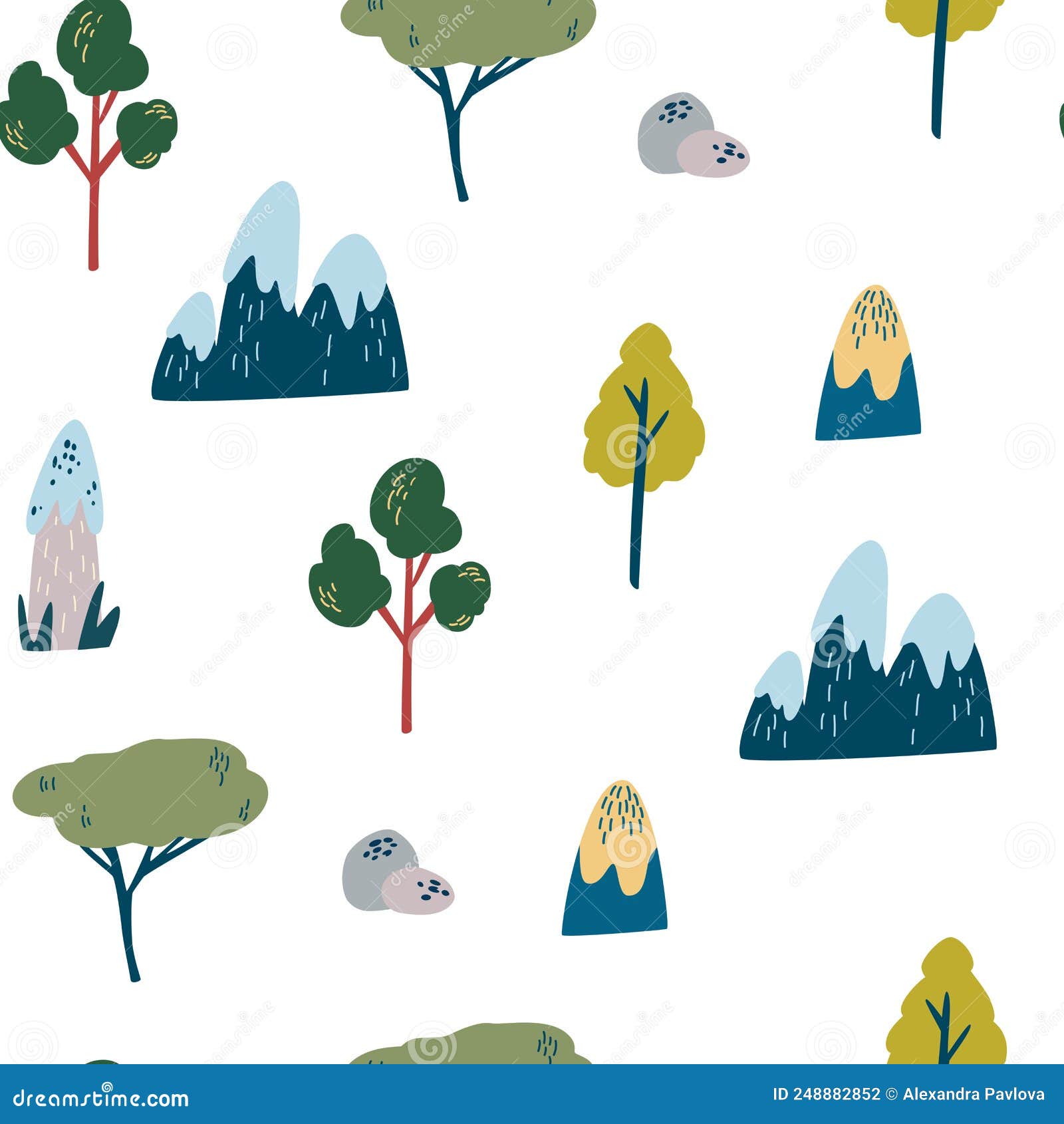 Mountains and Trees Seamless Pattern. Forest Plants Elements. Landscape ...