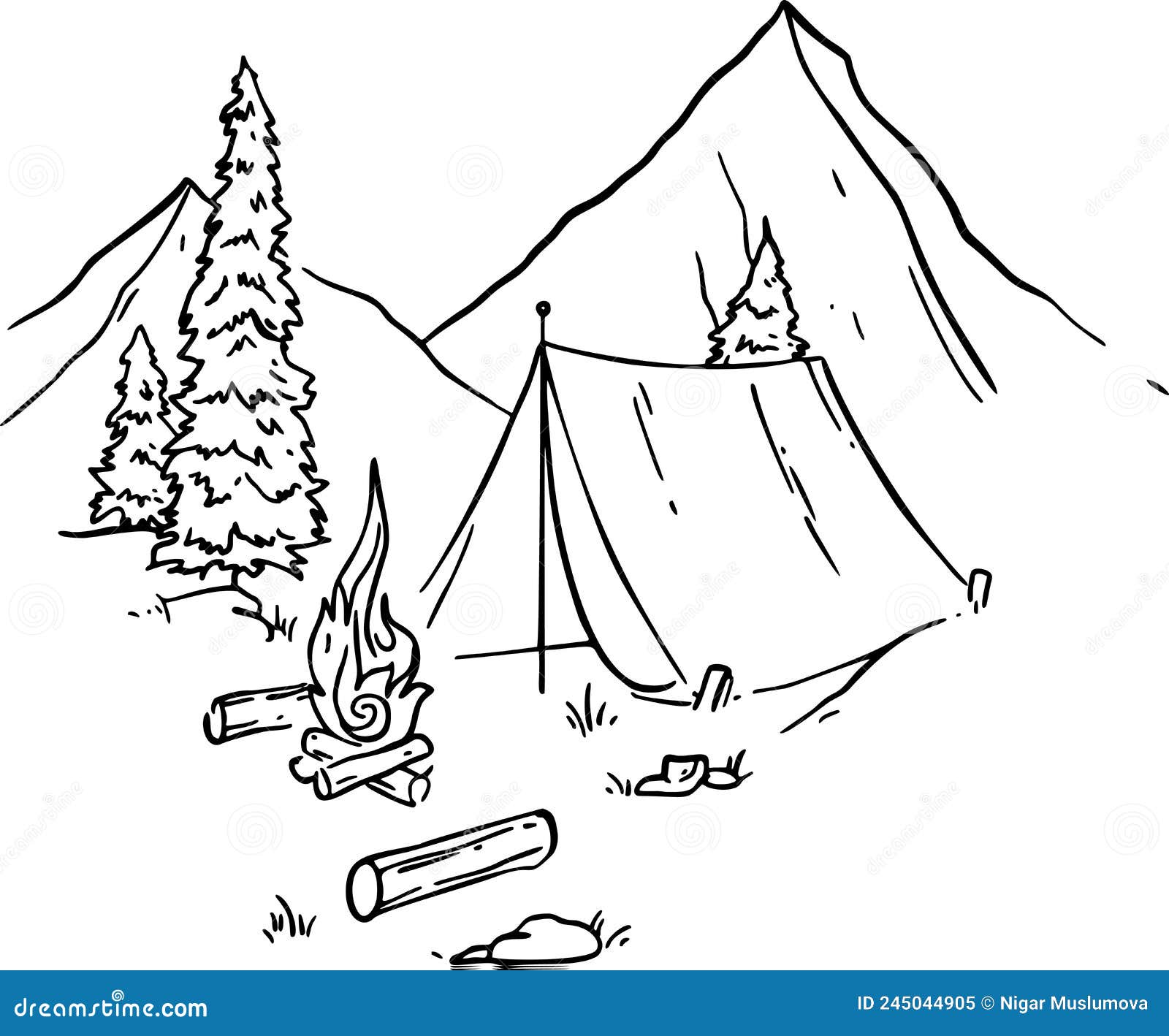 Mountains, Trees, Tent, Caster, Hand Draw Vector Illustration Art Stock ...