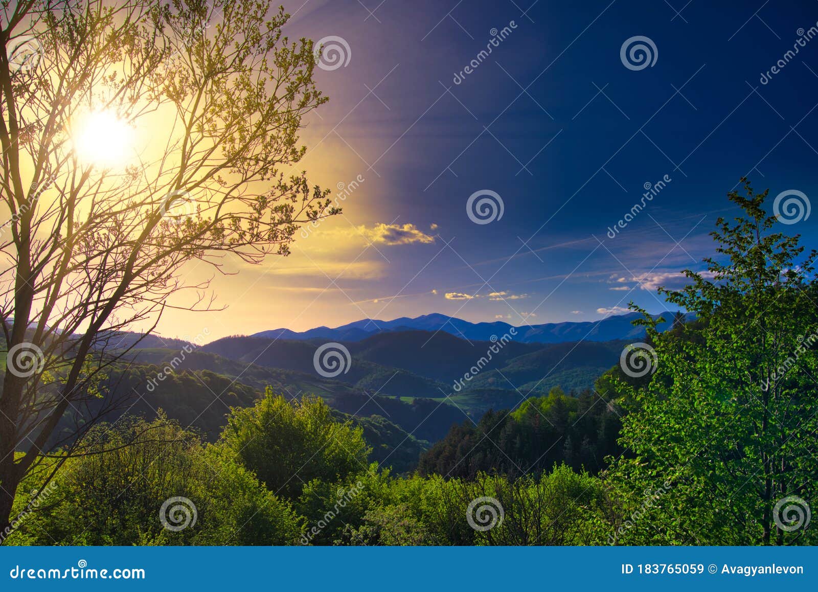 Mountains Valley in Sunset stock image. Image of hills - 183765059
