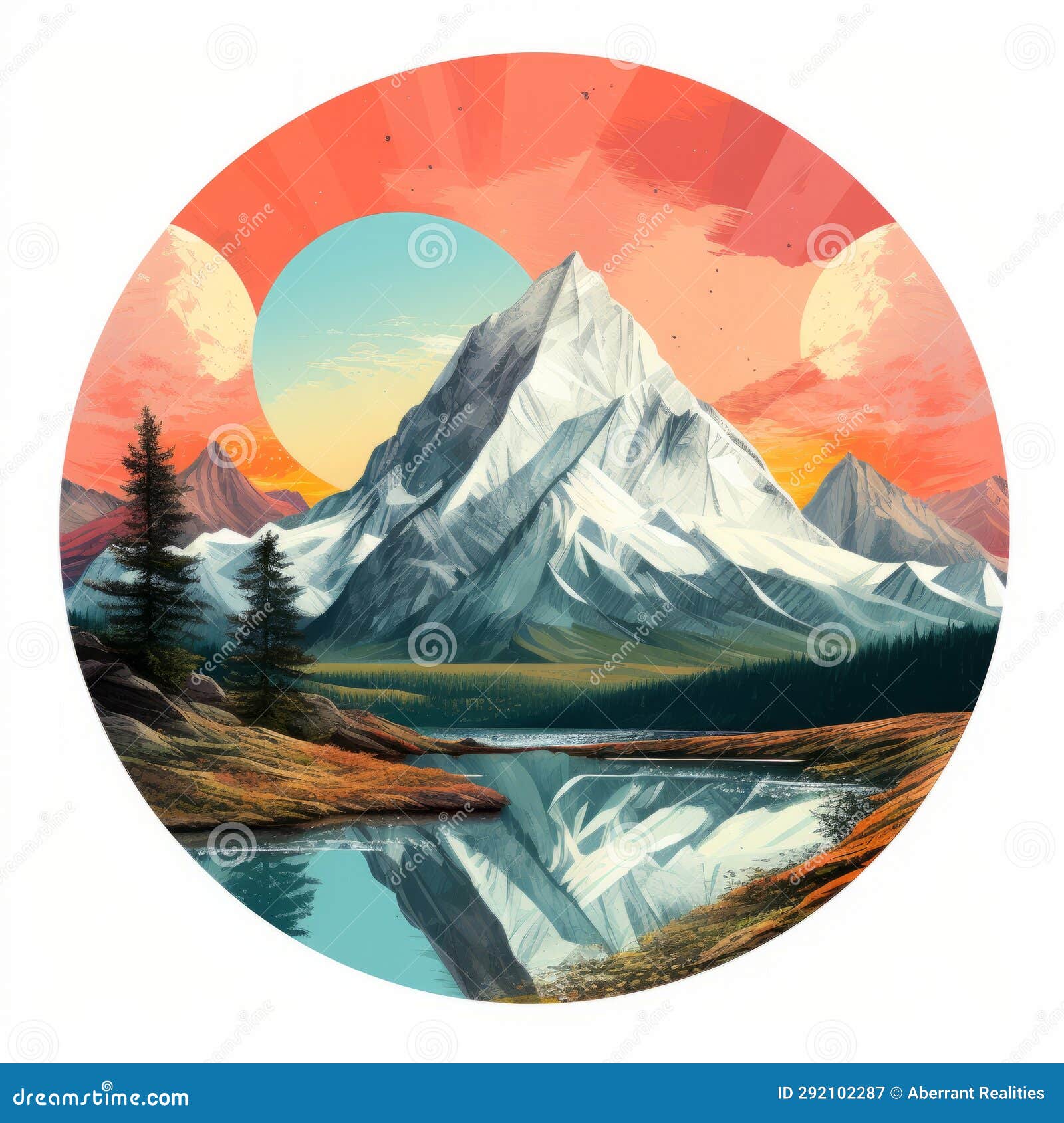 Mountains and Water in a Circle with the Sun in the Background Stock ...