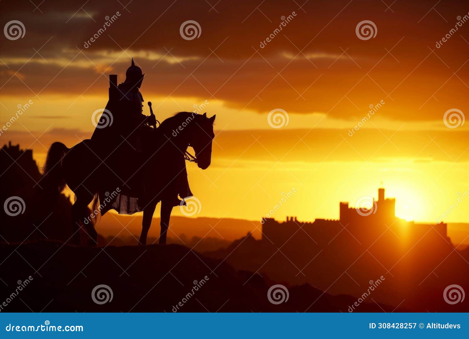 Mounted Knight in Silhouette at Sunset with Castle on the Horizon Stock ...