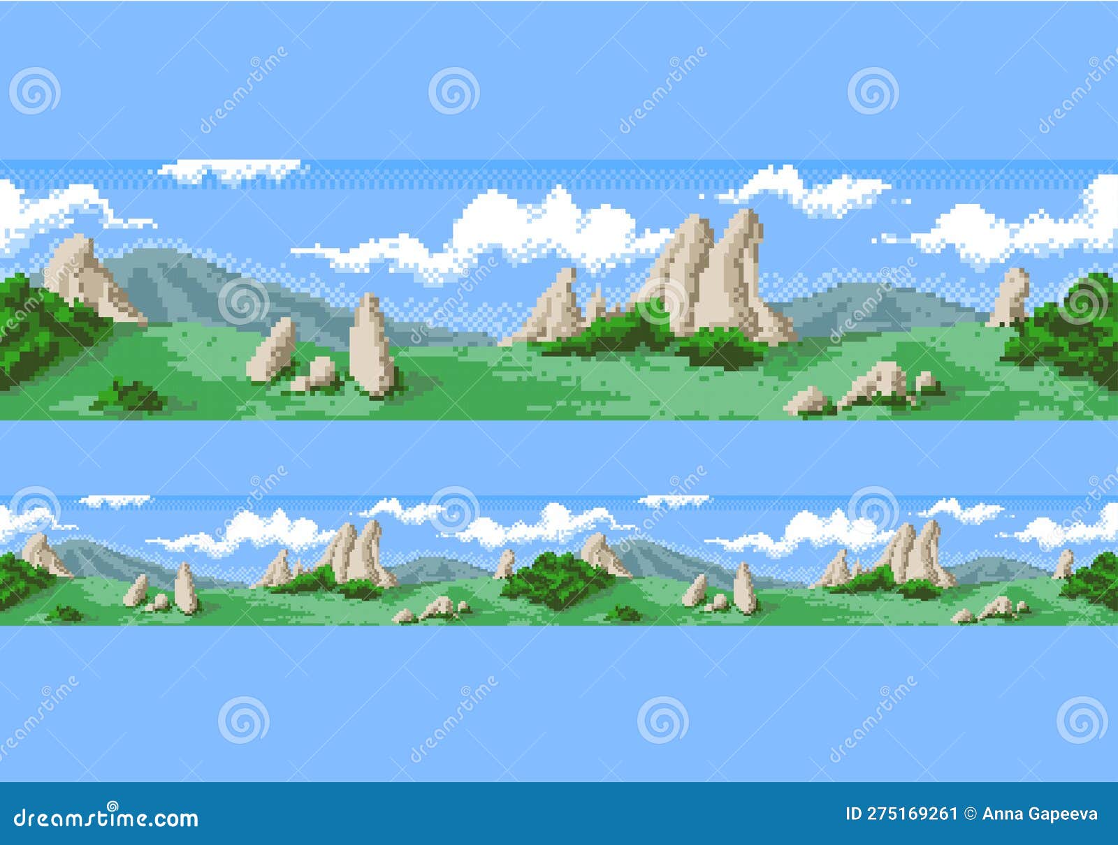 Pixel Art Landscape, Background Game Platformer With Rainbow, Trees And ...