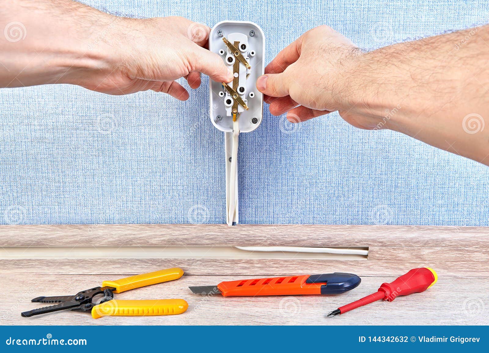 Mounting of Wall Plug Socket by Worker Stock Photo - Image of hands ...