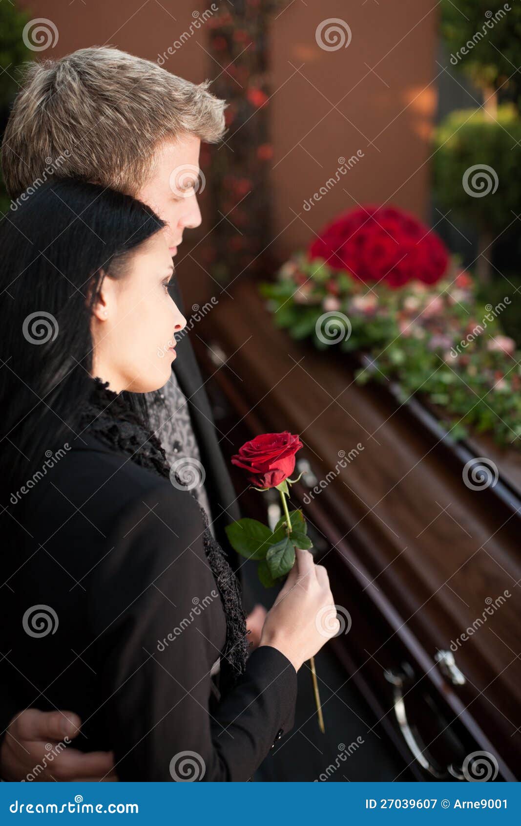 Mourning Couple at Funeral with Coffin Stock Image - Image of black ...