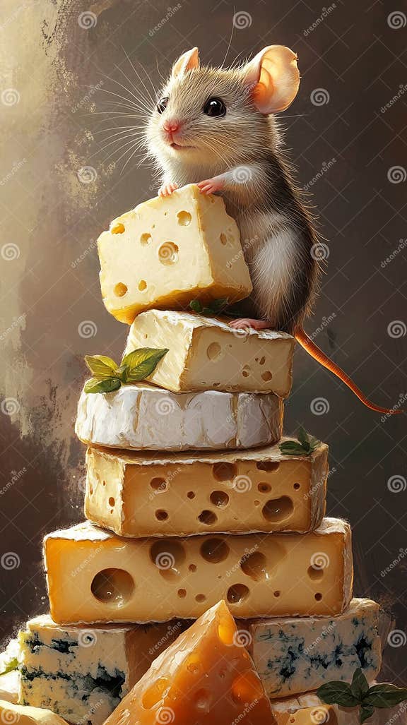 Mouse Balances Atop a Stack of Various Cheese Types in a Playful ...