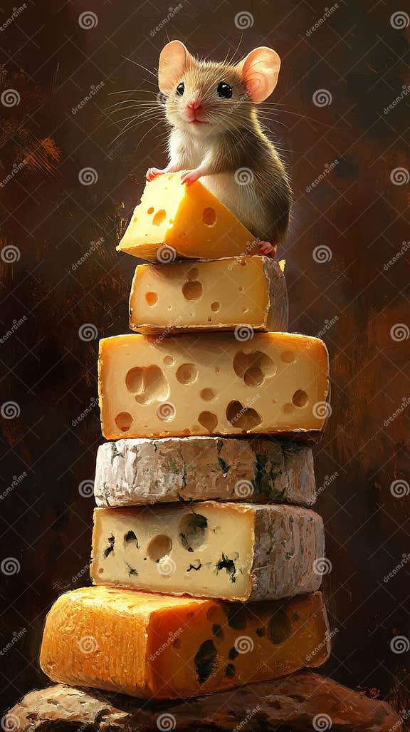 Mouse Balances Atop a Stack of Various Cheese Types in a Playful ...