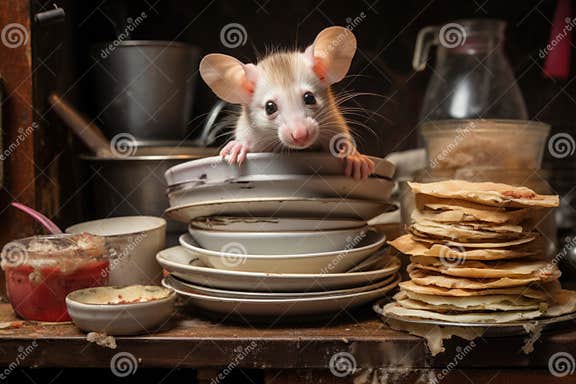 Mouse Climbing on a Stack of Dirty Dishes Left on the Table Stock ...